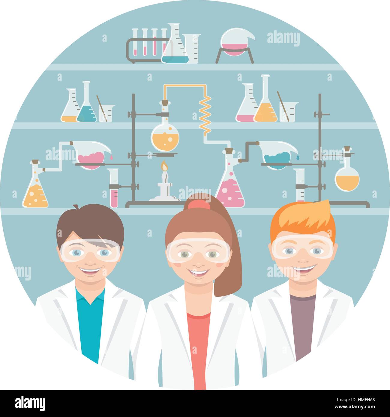 Modern flat vector illustration of smiling kids, group of boys and girls in lab coats and safety ...
