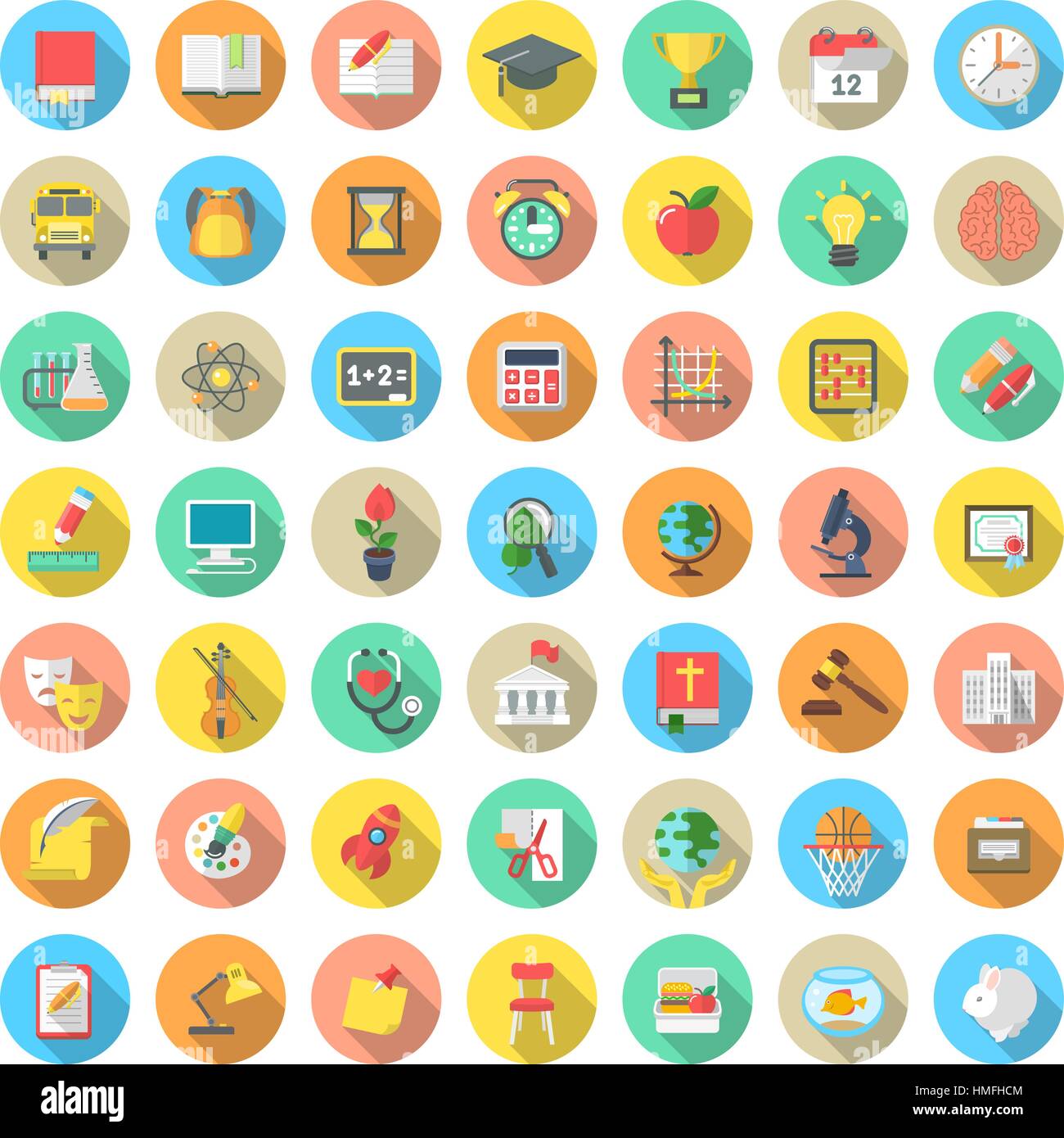 Set of modern flat round vector icons of school subjects, activities, education and science ...