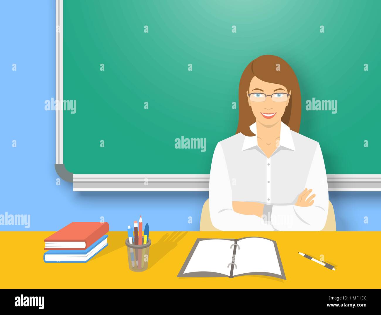 School teacher at desk flat education vector illustration. Young ...