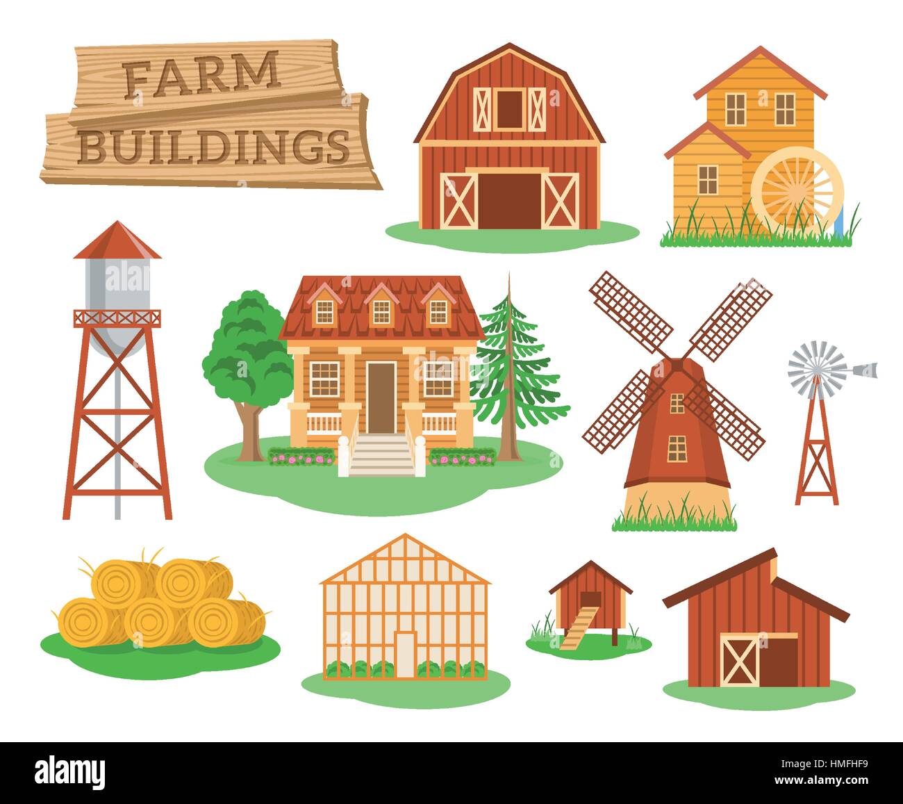 Farm buildings and constructions flat infographic vector elements set ...