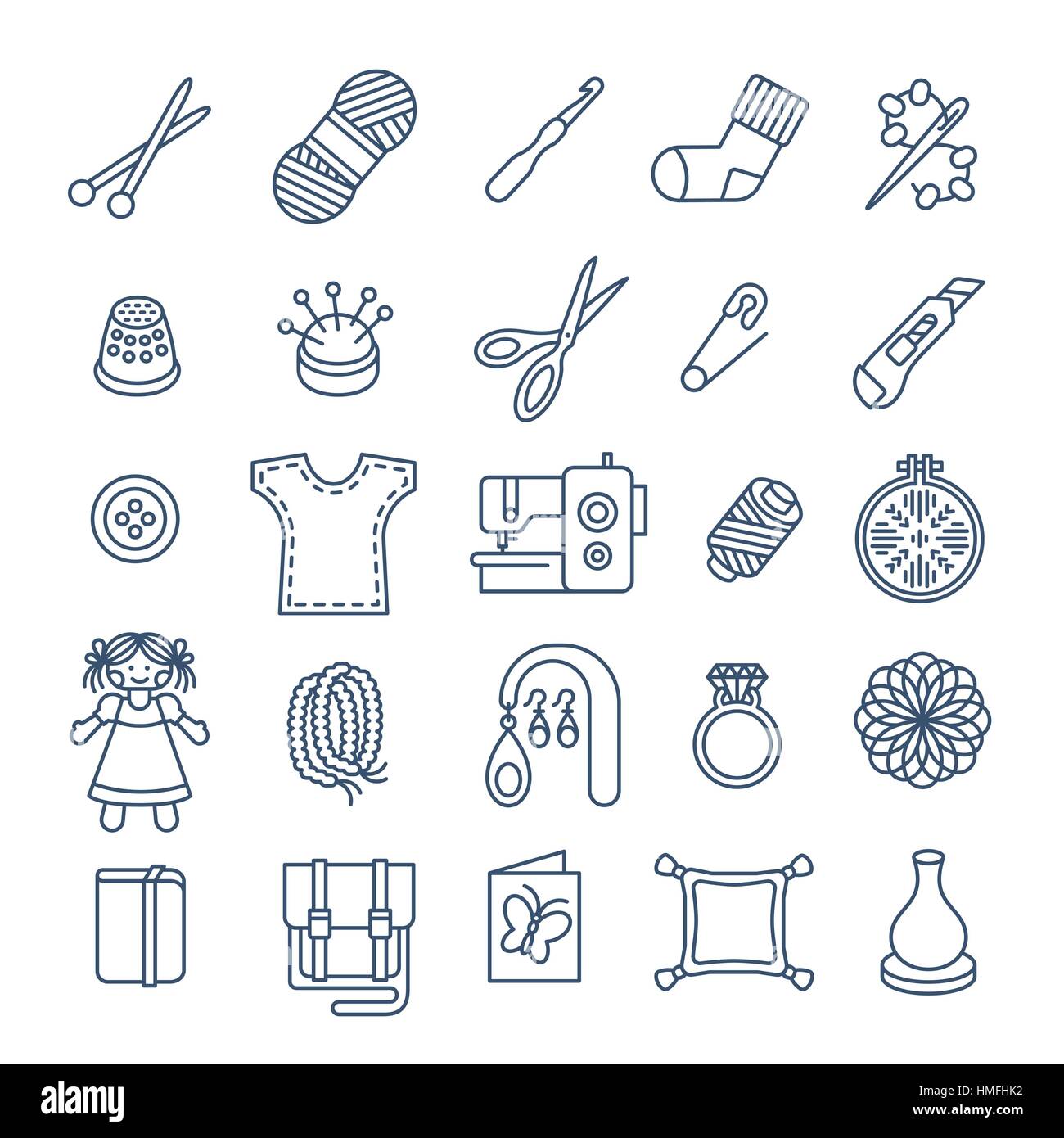 Vector flat icons of women handmade hobby activities. Tools for sewing ...