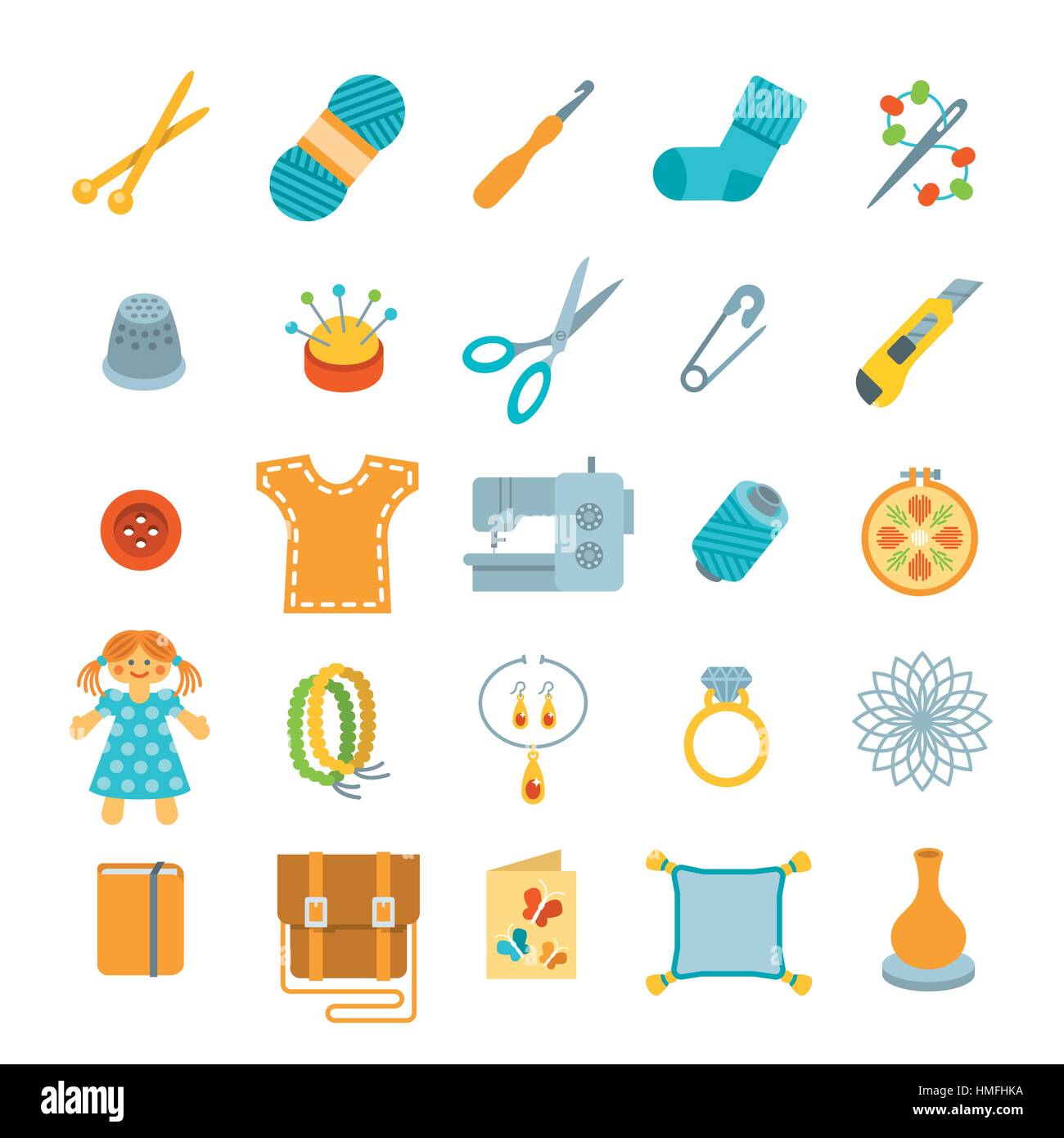 Vector flat icons of women handmade hobby activities. Tools for sewing ...
