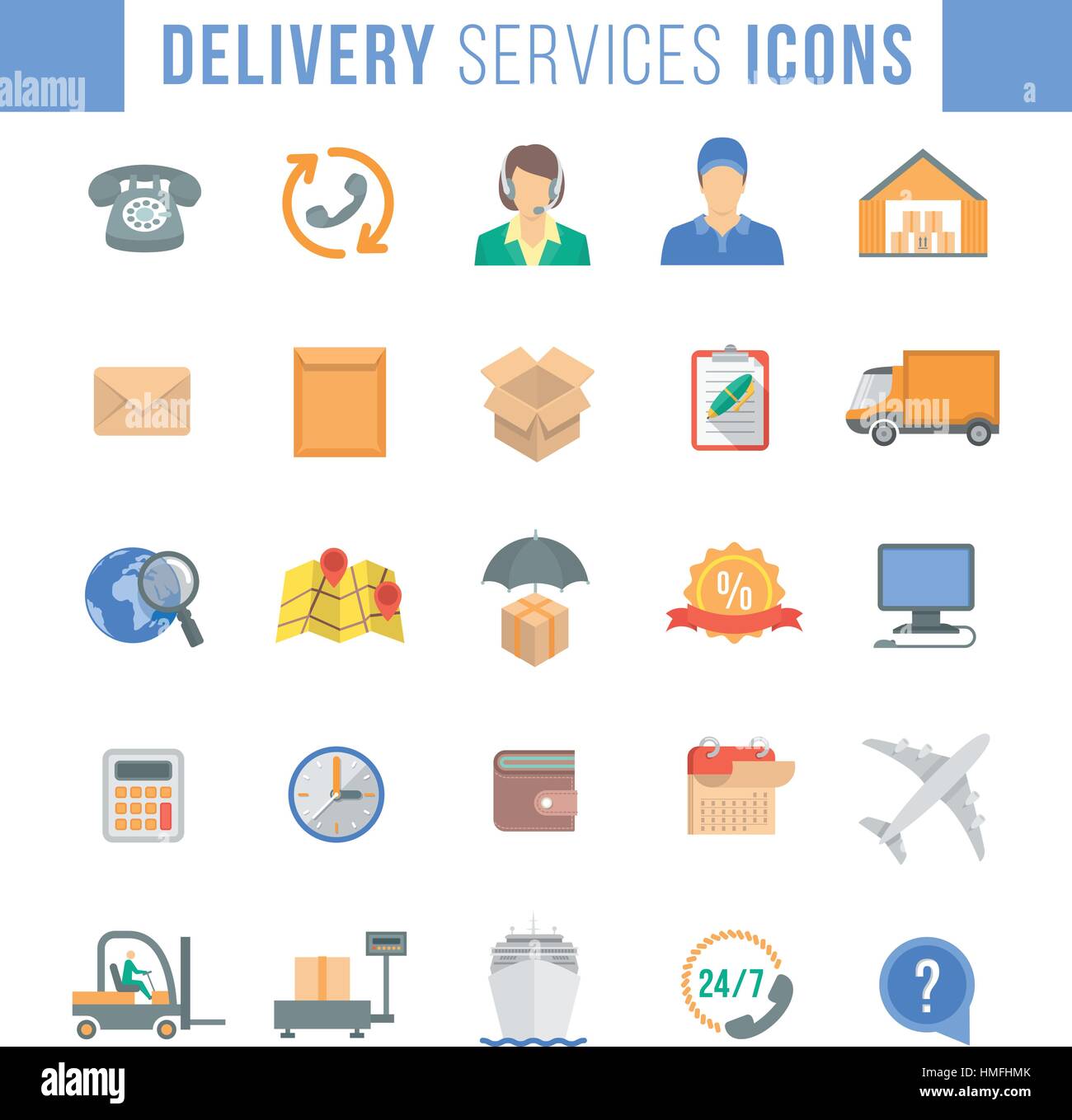 Set of modern flat vector icons of delivery service, logistic business ...