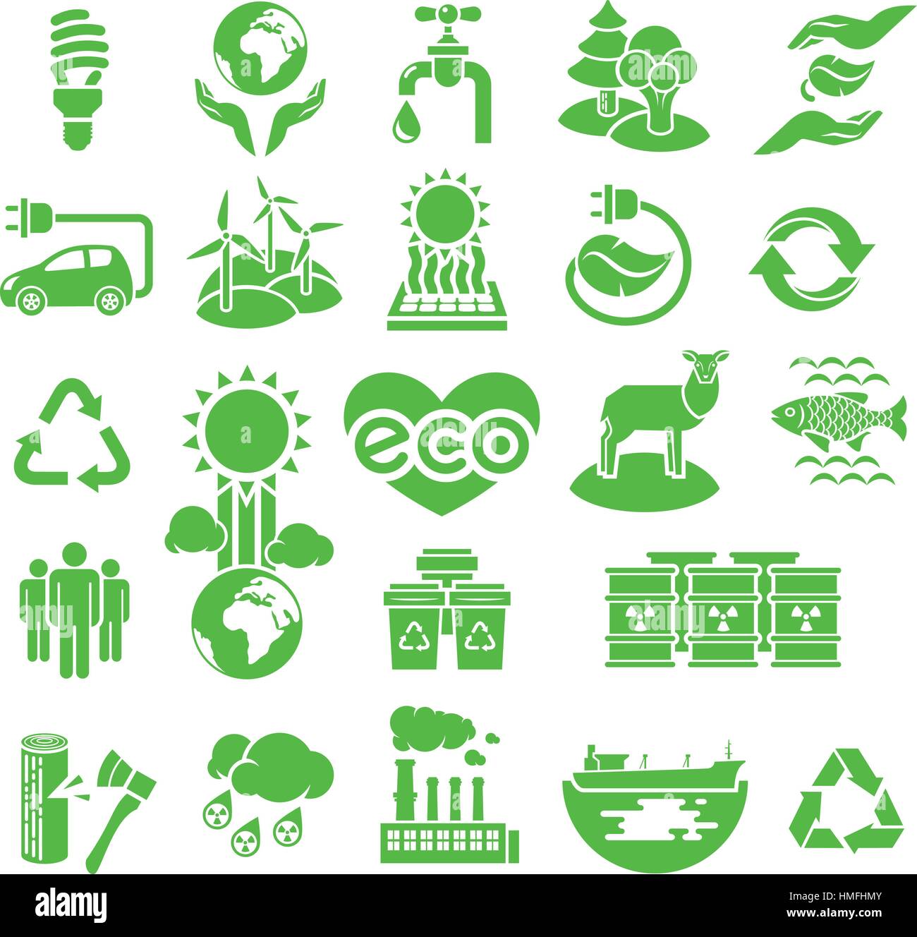 Set of green silhouette vector icons of ecology theme, including ...