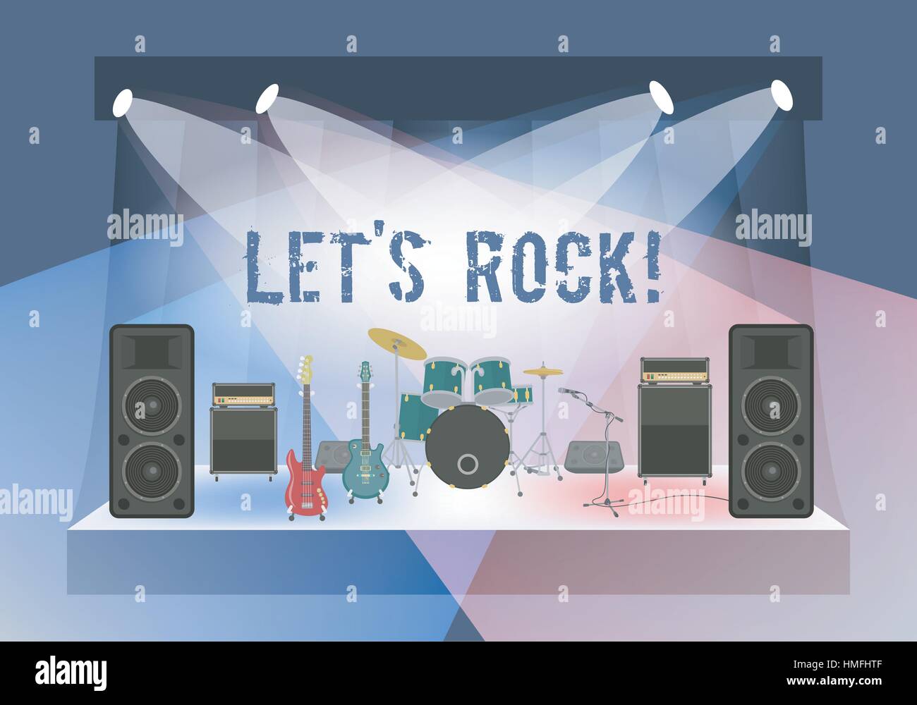 Modern flat illustration of rock concert stage with musical instruments ...