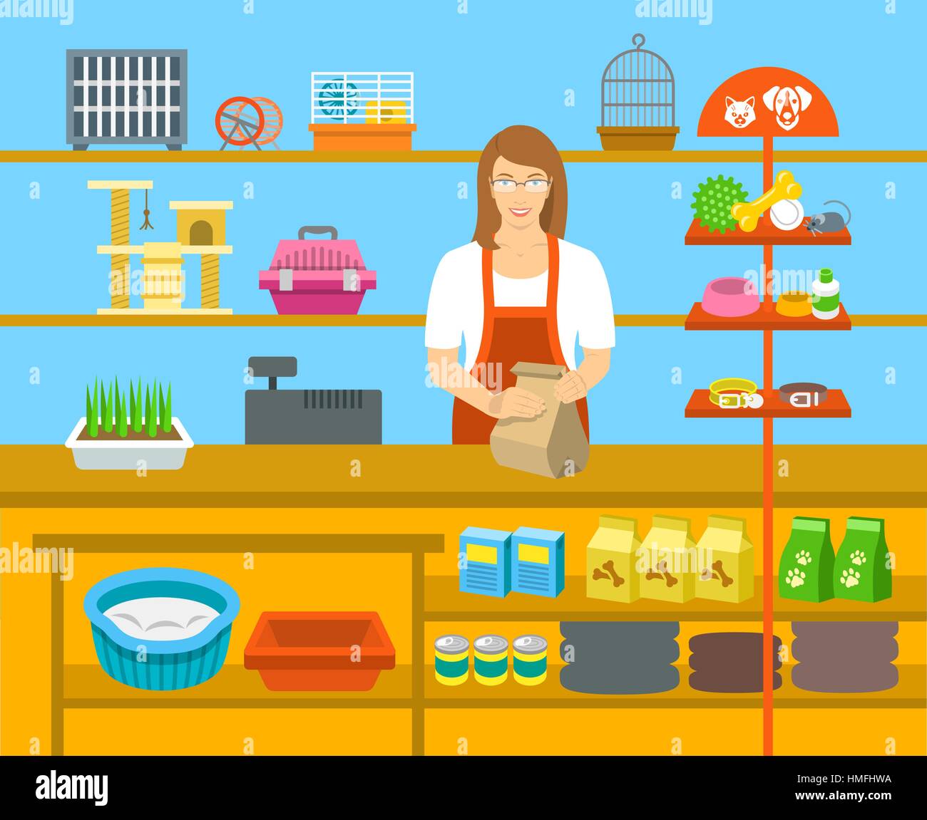 Pet shop seller at a counter in a store opposite shelves with pets care ...