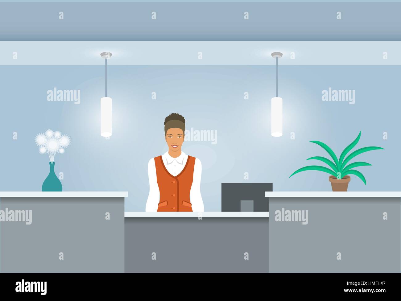 African American girl receptionist stands at reception desk. Front view ...