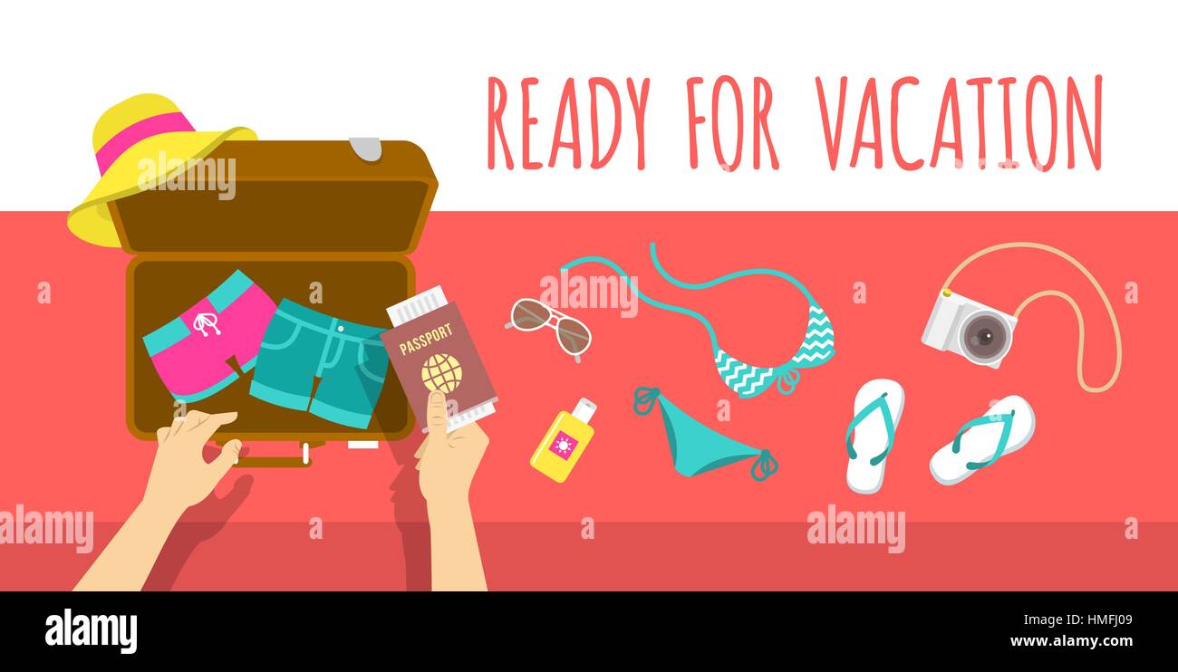 Summer vacation vector flat illustration. Packing beach stuff for ...