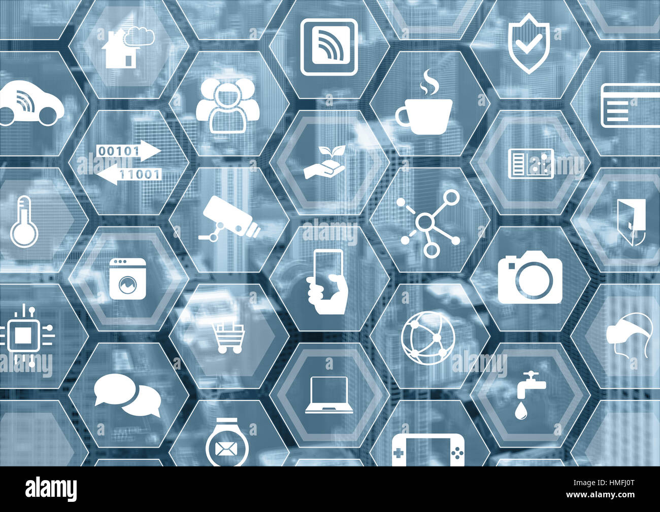 Smart home automation blue and grey background with polygons and icons ...