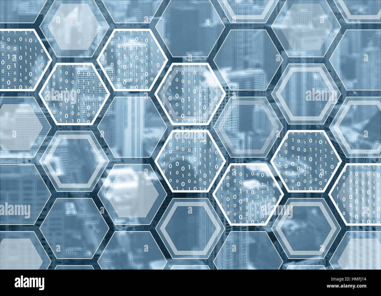 Blockchain or digitization blue and grey background with hexagonal ...