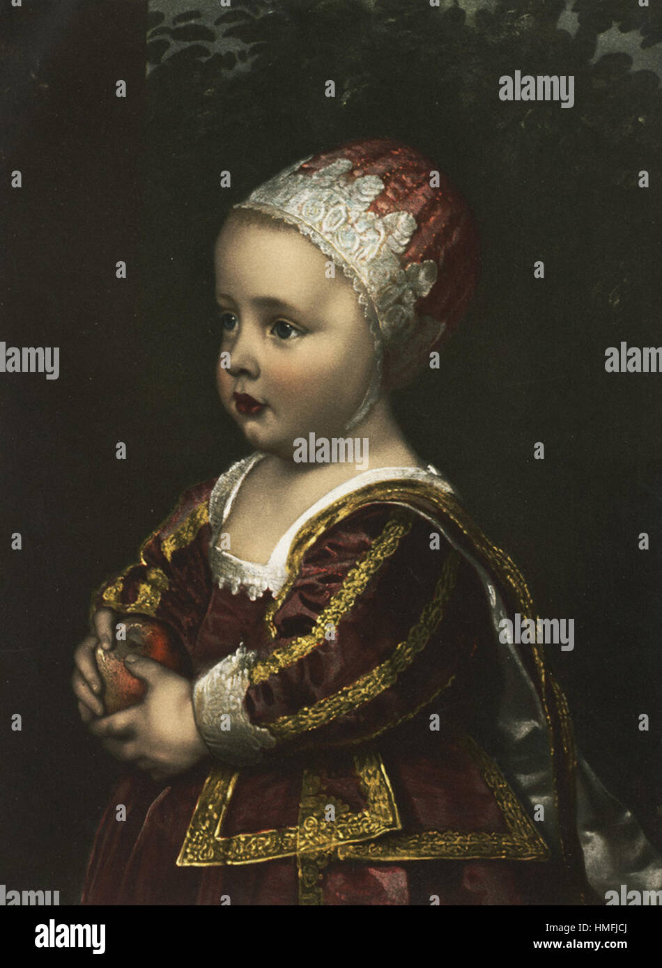 Louis Prang - Child in Renaissance Garb with Apple Stock Photo - Alamy