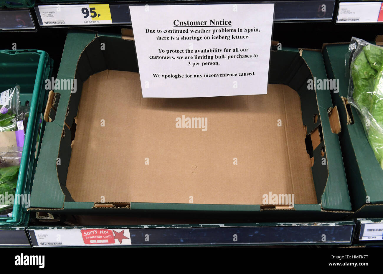 Empty iceberg lettuce shelves at a Tesco store in Kennington, London ...