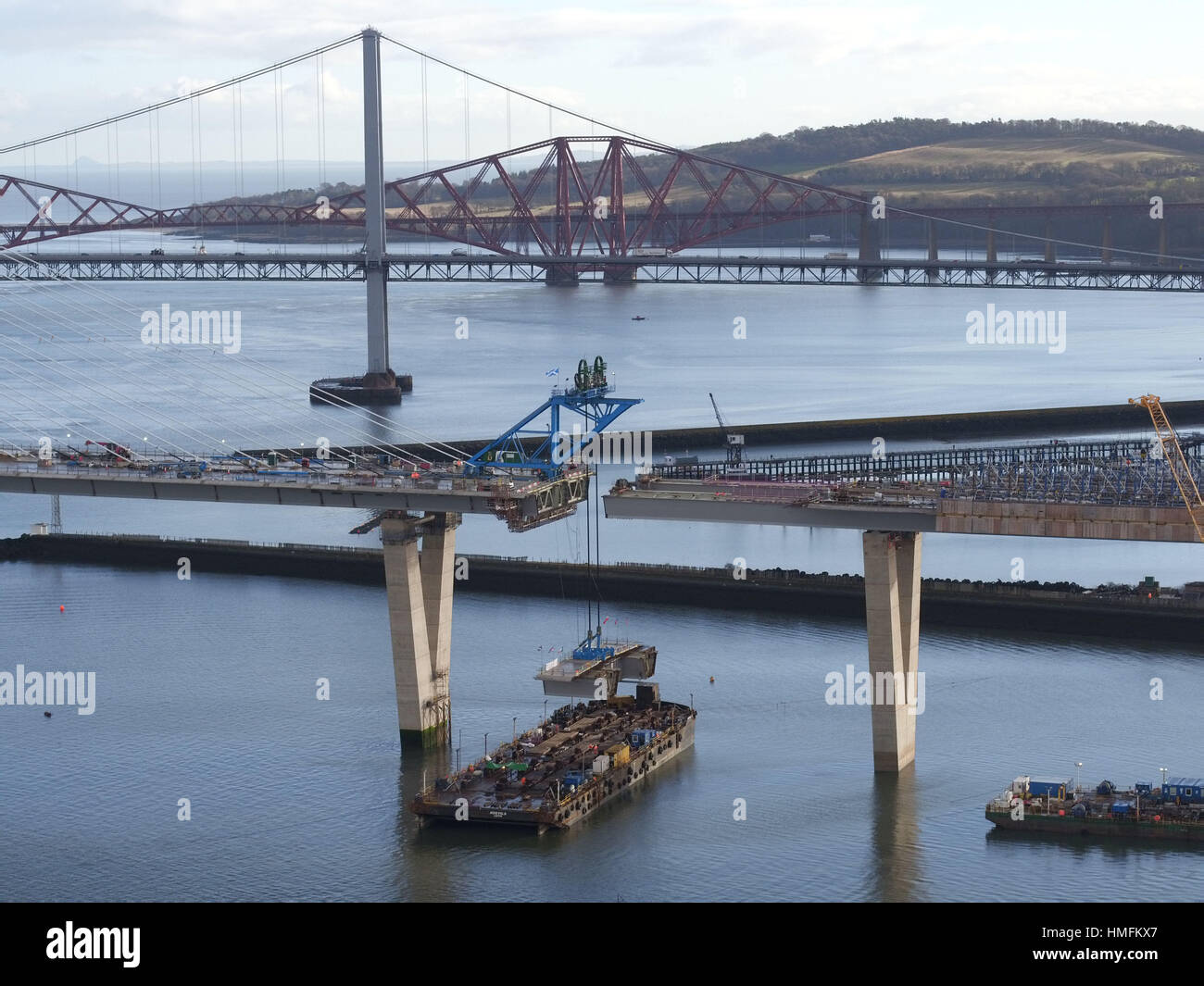 Aerial view of the final section of the new Queensferry Crossing bridge ...