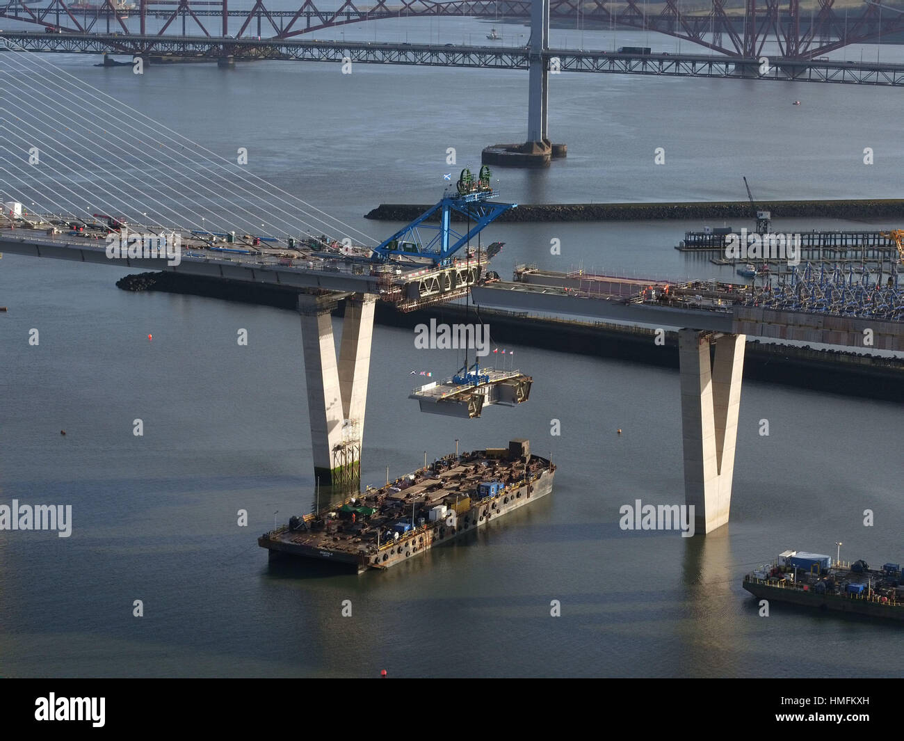 Aerial view of the final section of the new Queensferry Crossing bridge ...