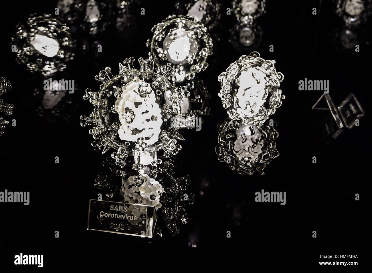 A glass sculpture of the SARS coronavirus, which is part of artist Luke ...