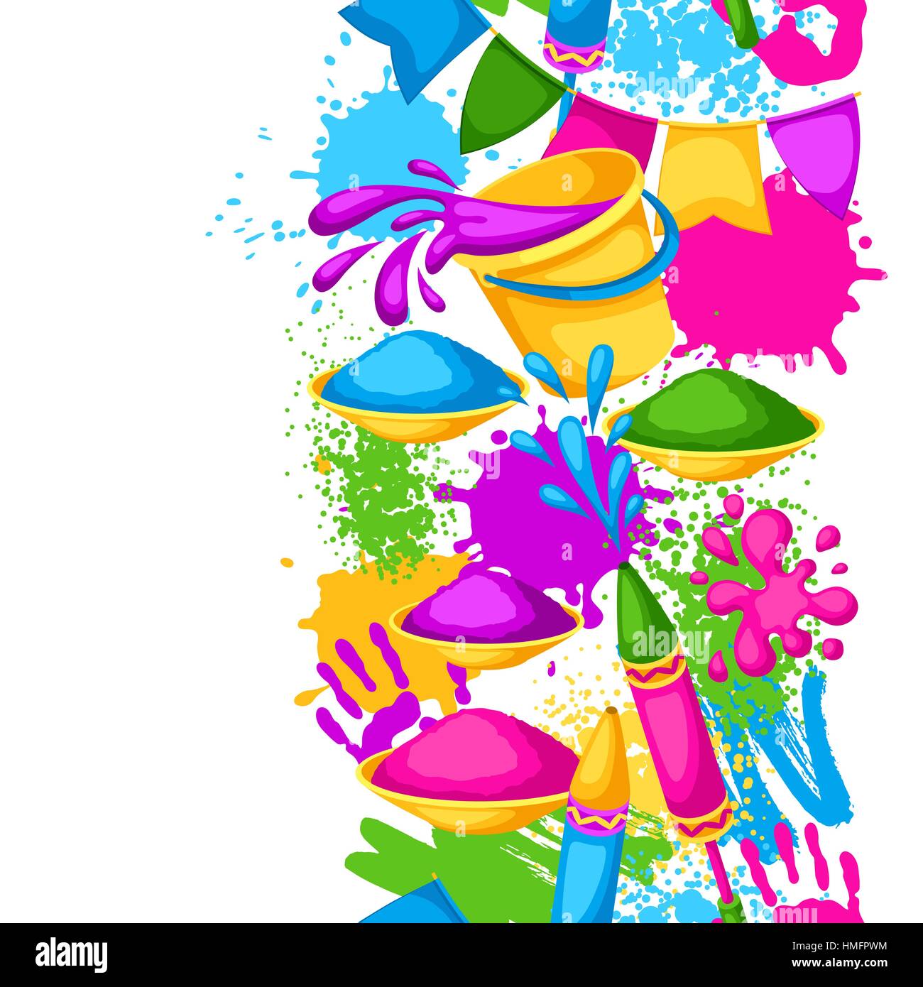 Happy Holi colorful seamless border. Illustration of buckets with paint ...