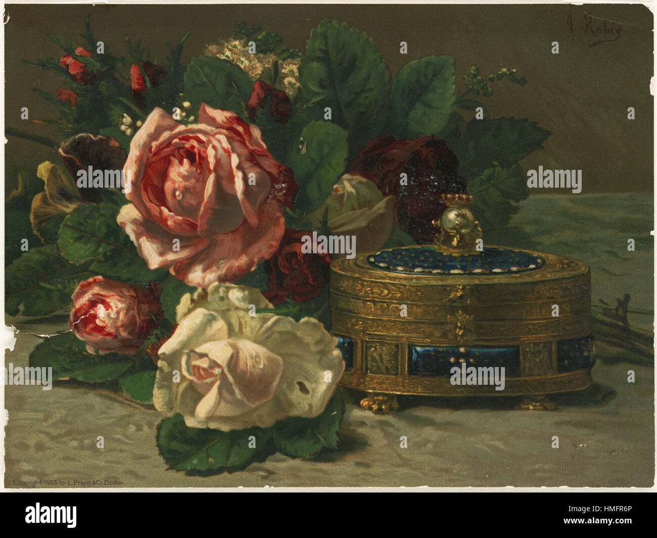 Louis Prang - Rose Bouquet Beside Jeweled Box Stock Photo - Alamy