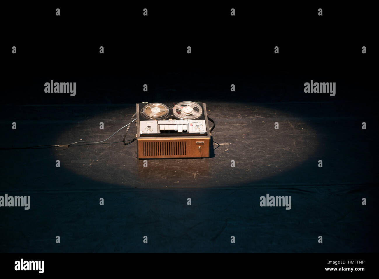 Old fashioned wooden reel to reel tape machine for recording sound or ...