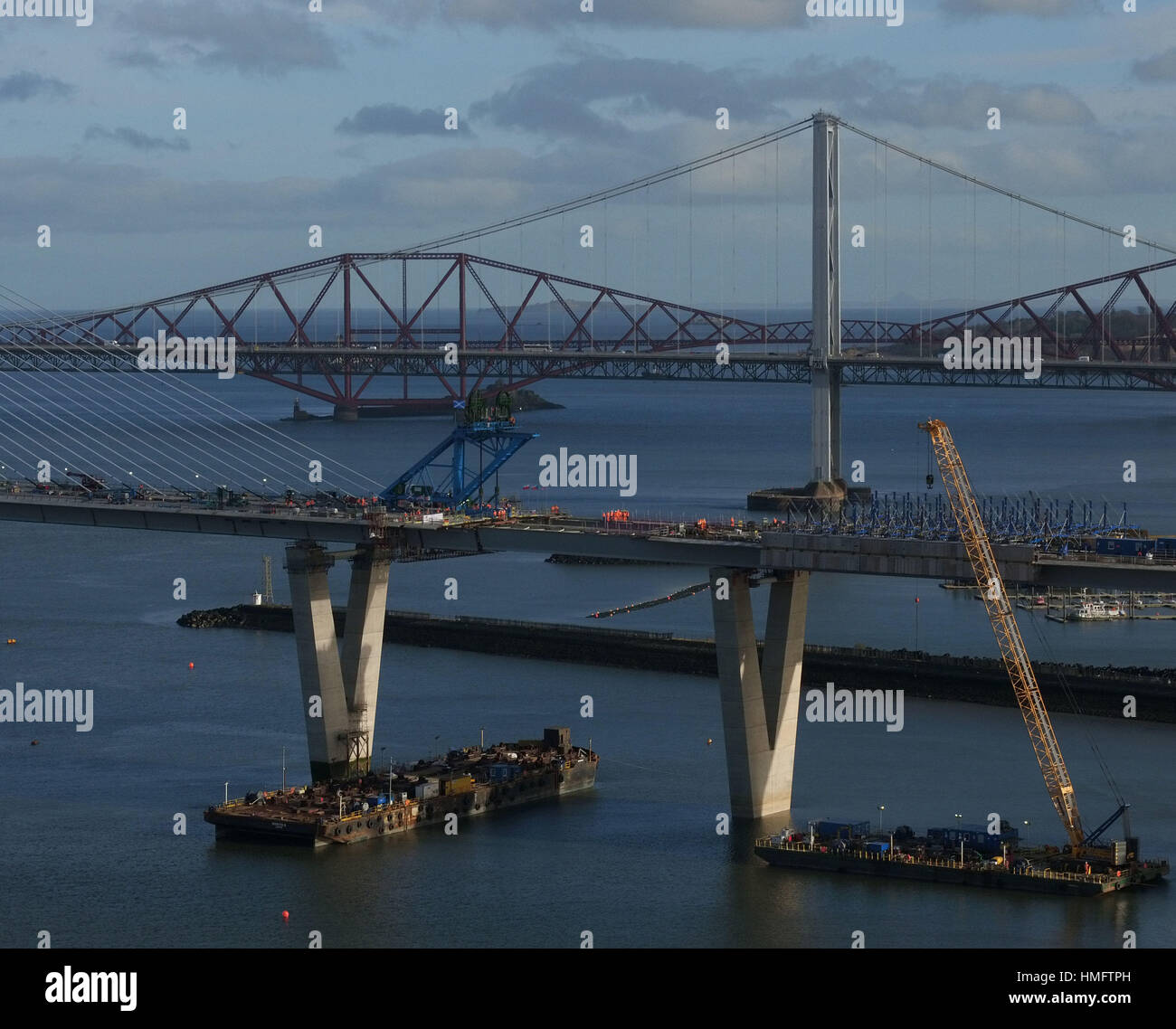 Aerial view of the final section of the new Queensferry Crossing bridge ...