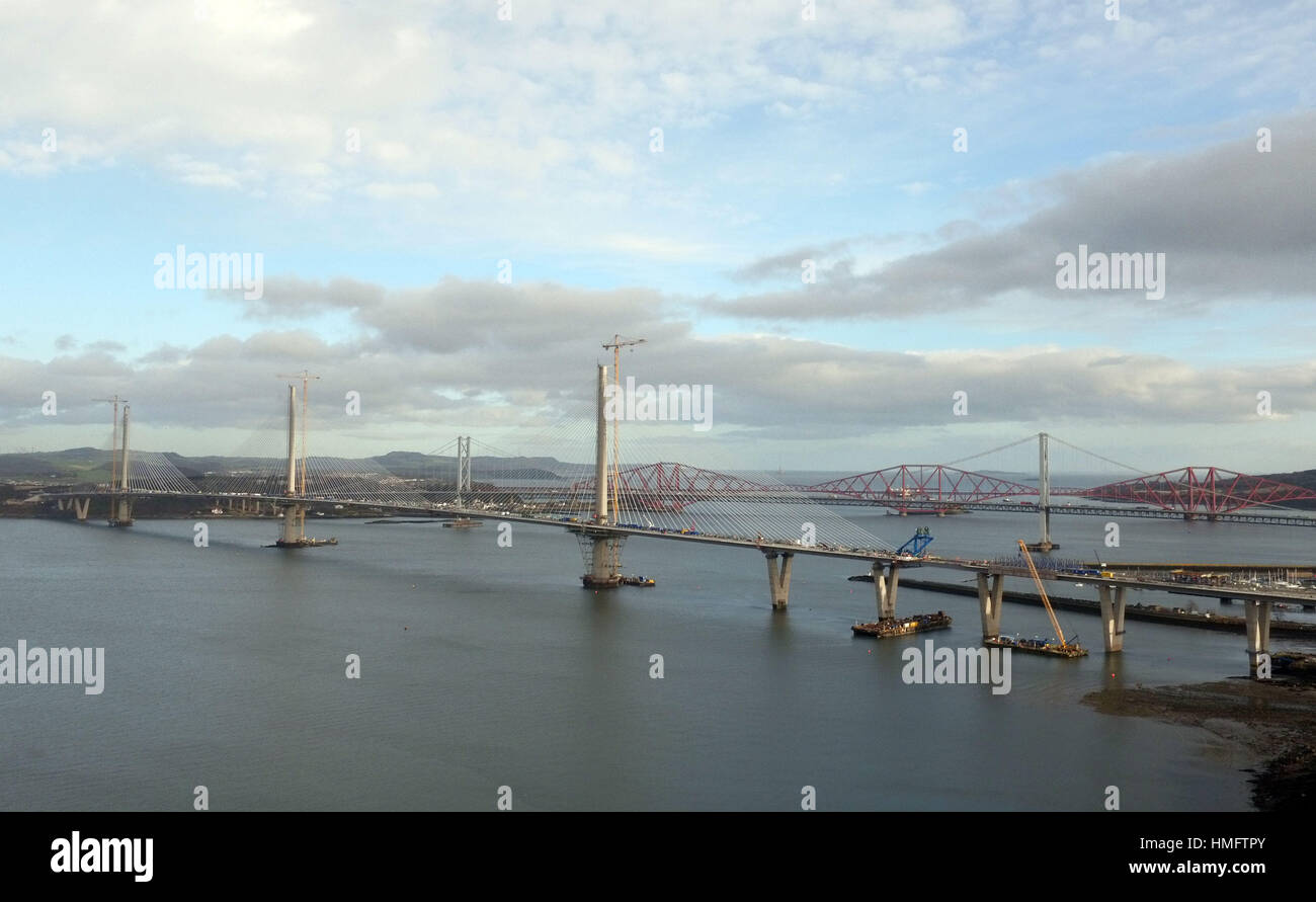 Aerial view of the final section of the new Queensferry Crossing bridge ...