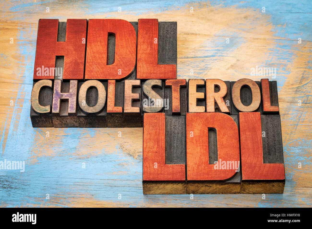 HDL and LDL cholesterol word abstract in vintage letterpress wood type ...