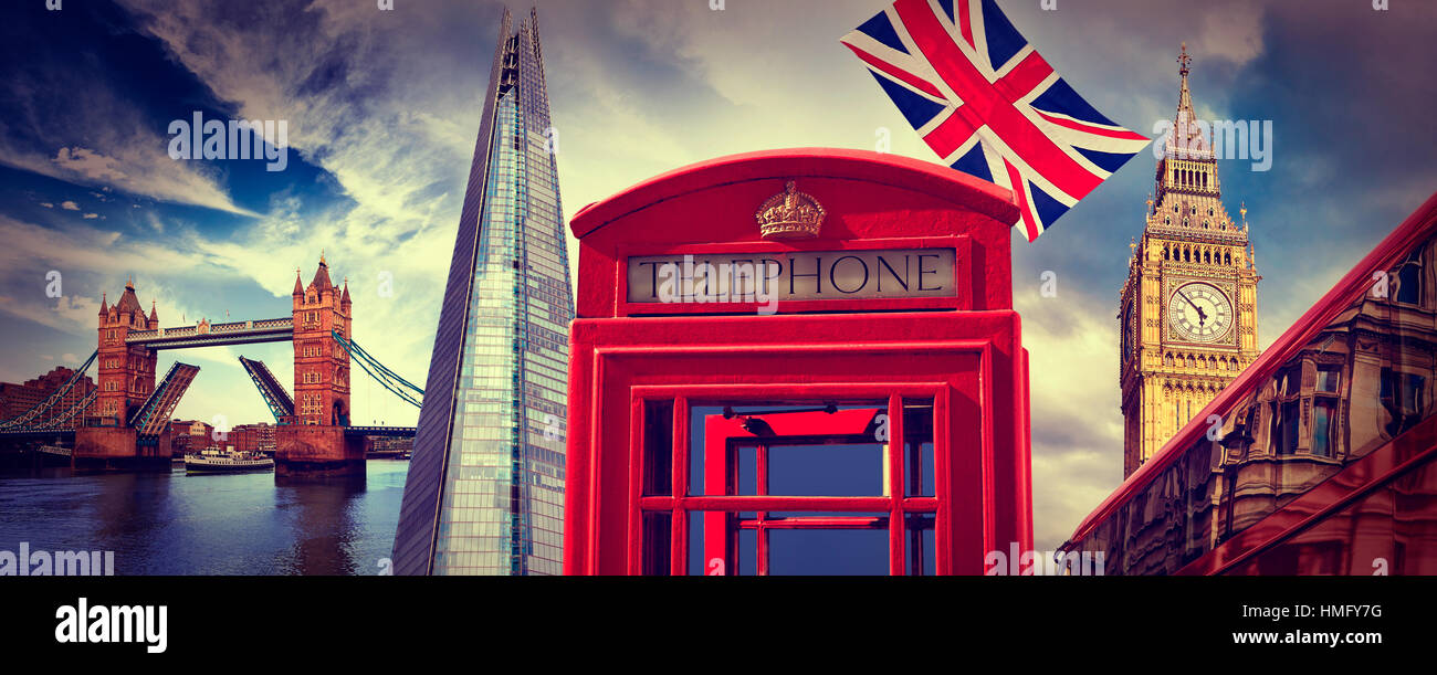 London photomount with telephone box and Icon landmarks Stock Photo - Alamy