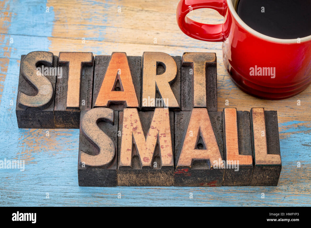 start small banner - text in vintage letterpress wood type blocks ...