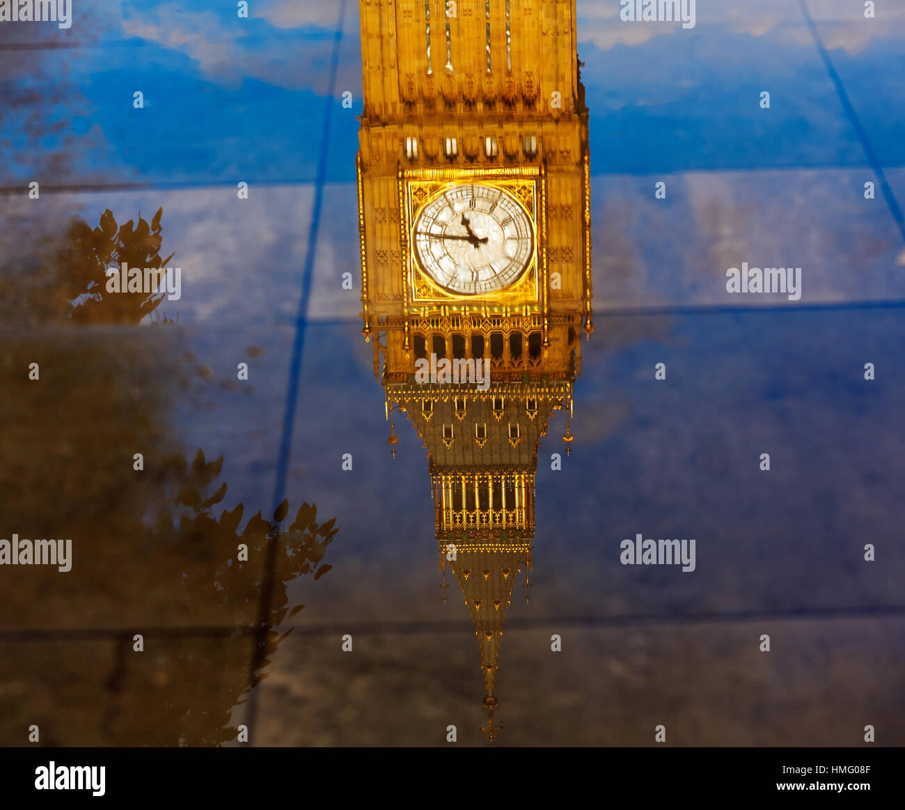 Big Ben Clock Tower puddle water reflection in London England Stock ...