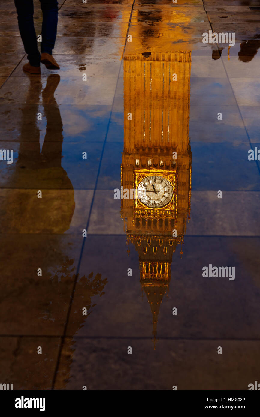 Big Ben Clock Tower puddle water reflection in London England Stock ...