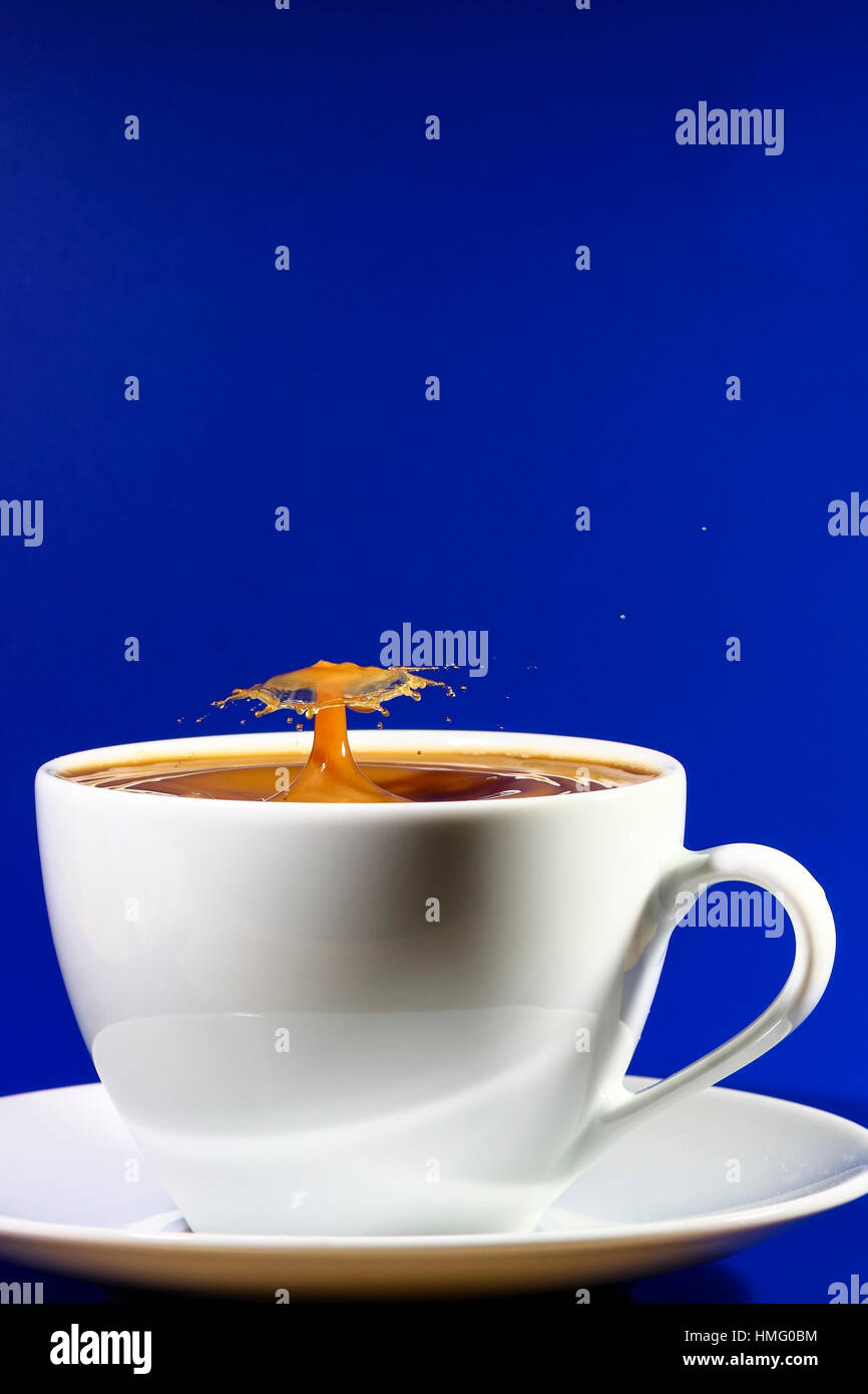 Tea splashing in to a white teacup and saucer isolated on a blue ...