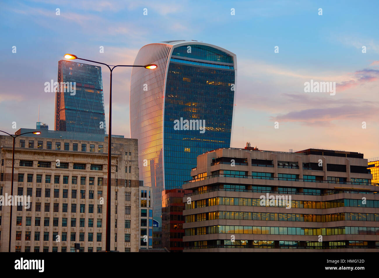 London financial district skyline sunset Square Mile England Stock ...