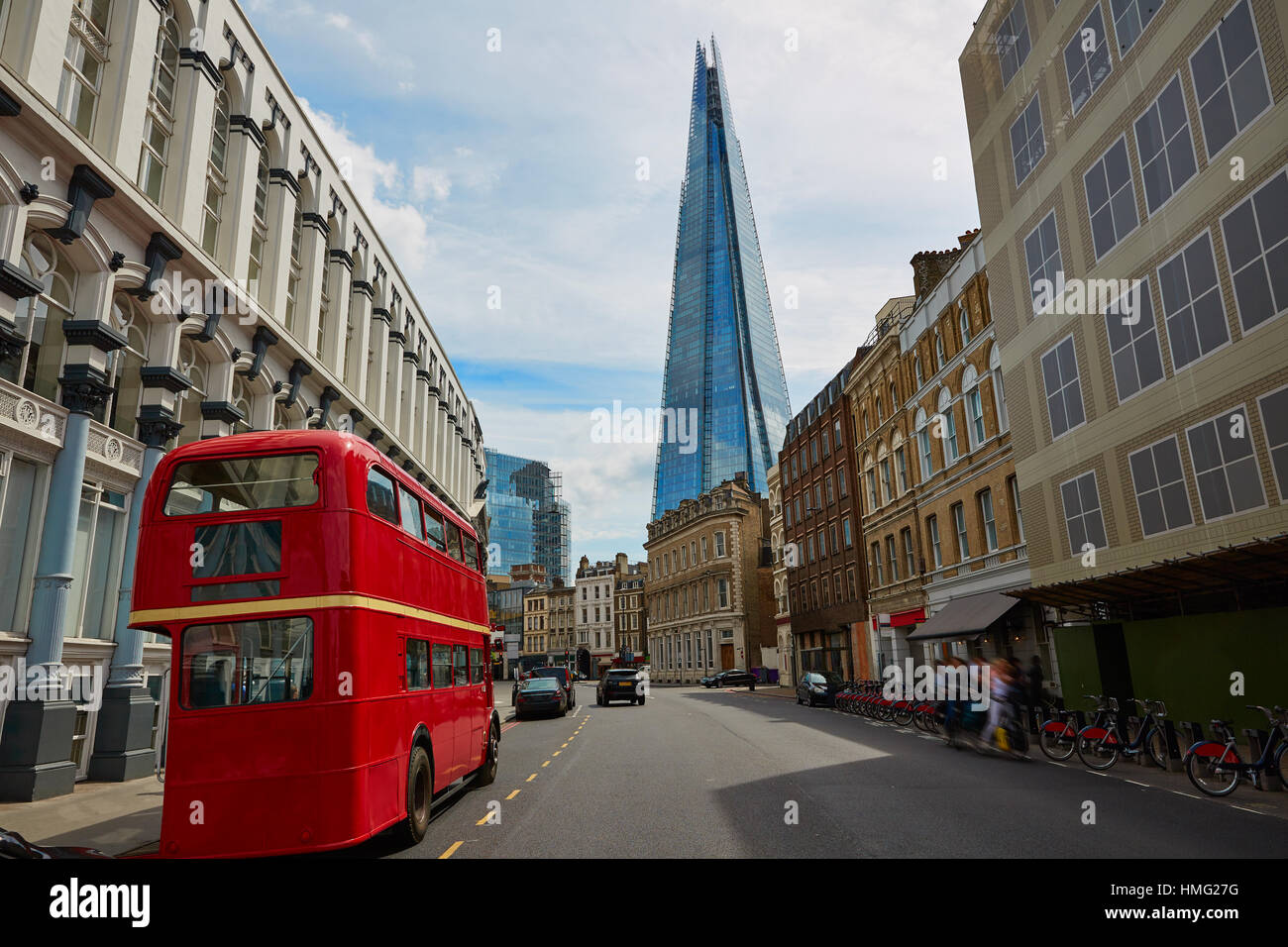 The Shard and old London red Bus in England Stock Photo - Alamy
