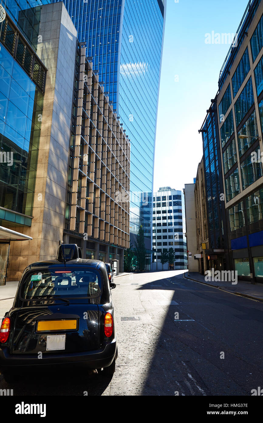 London financial district street Square Mile England UK and taxi cab ...