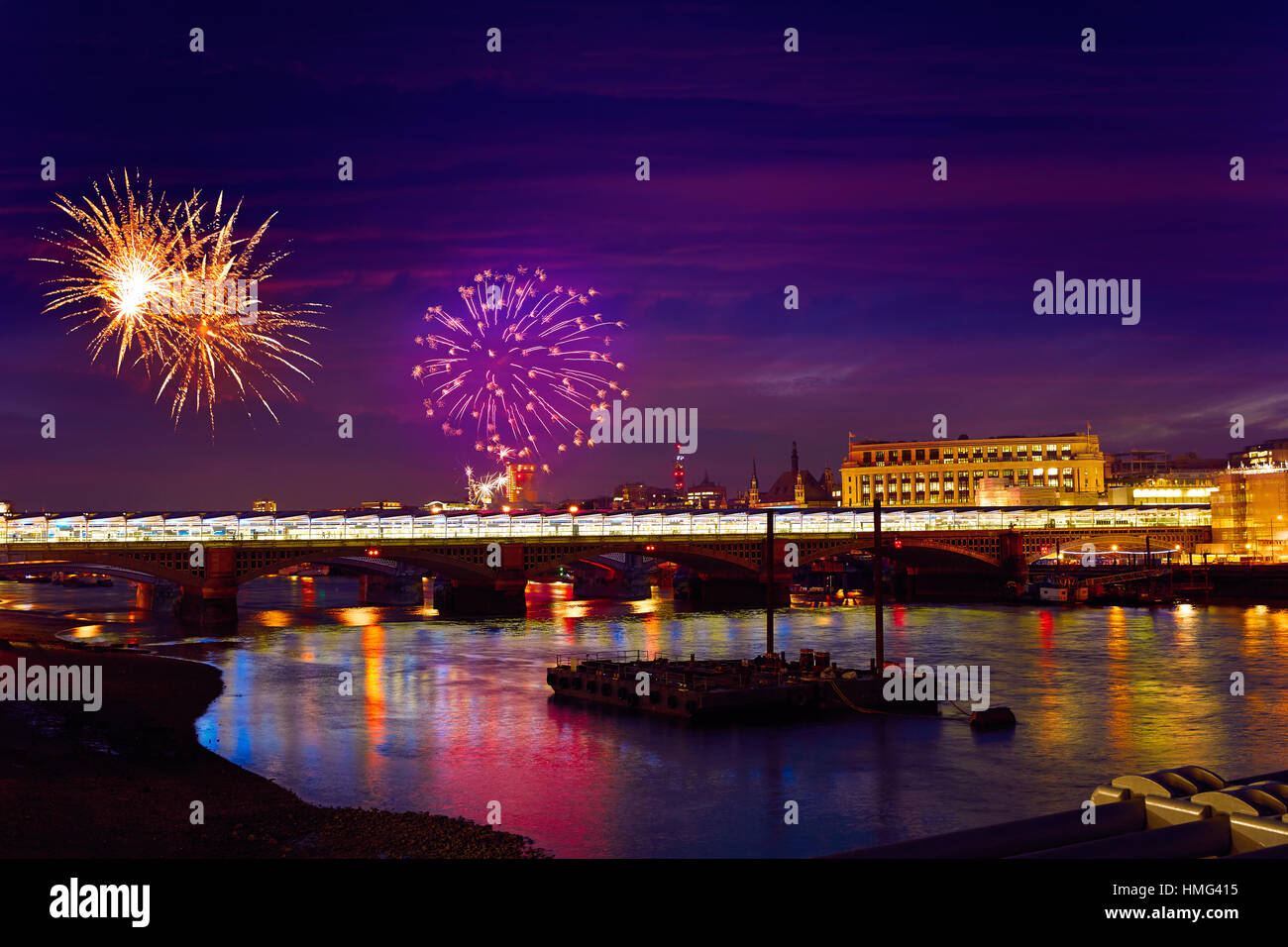 London skyline sunset fireworks on Thames river reflection at UK Stock ...