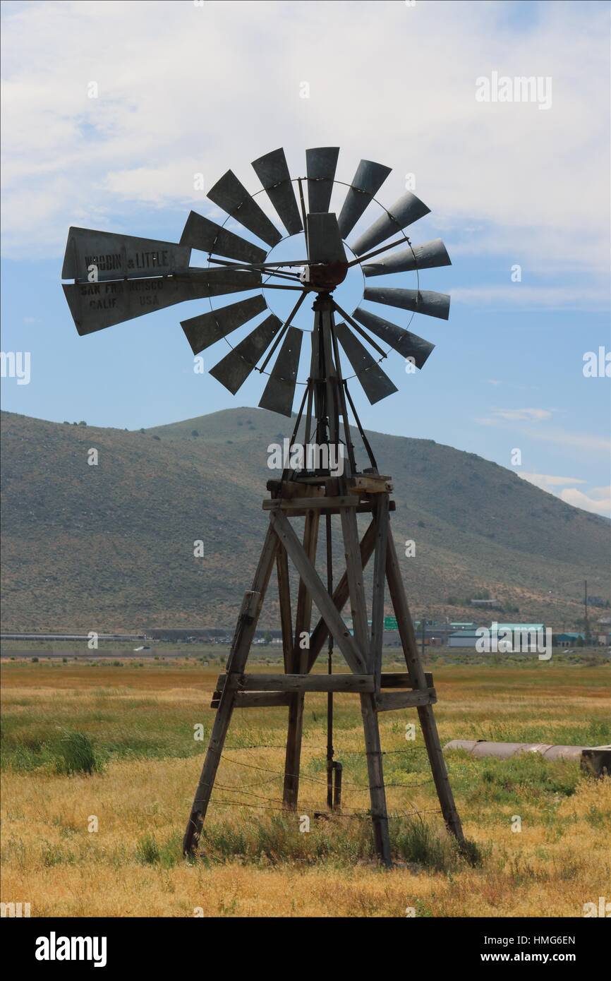 A lonely windmill waits for a gentle breeze in Carson City, Nevada, USA ...