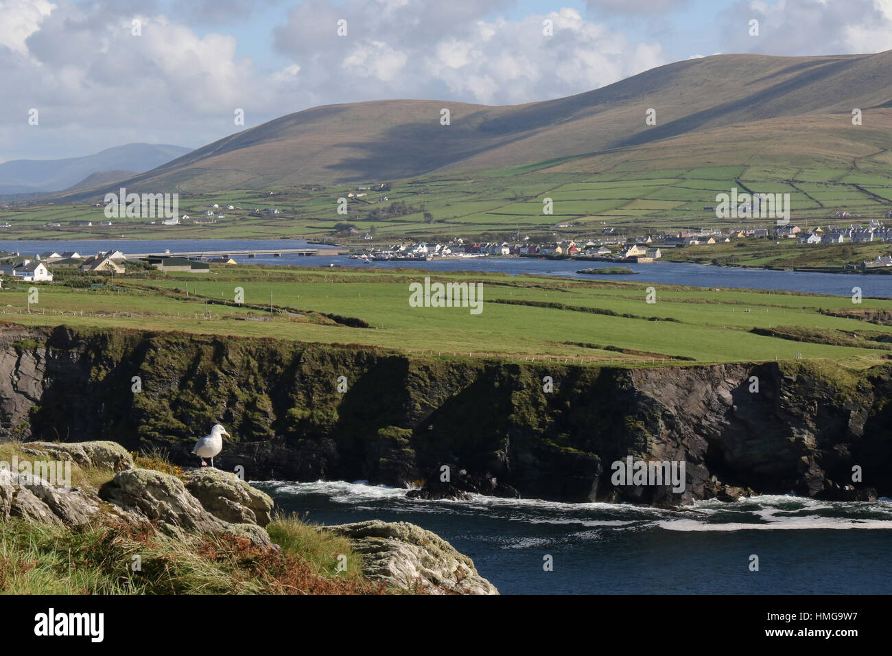 View across Valentia Island to the road bridge running to Portmagee in ...