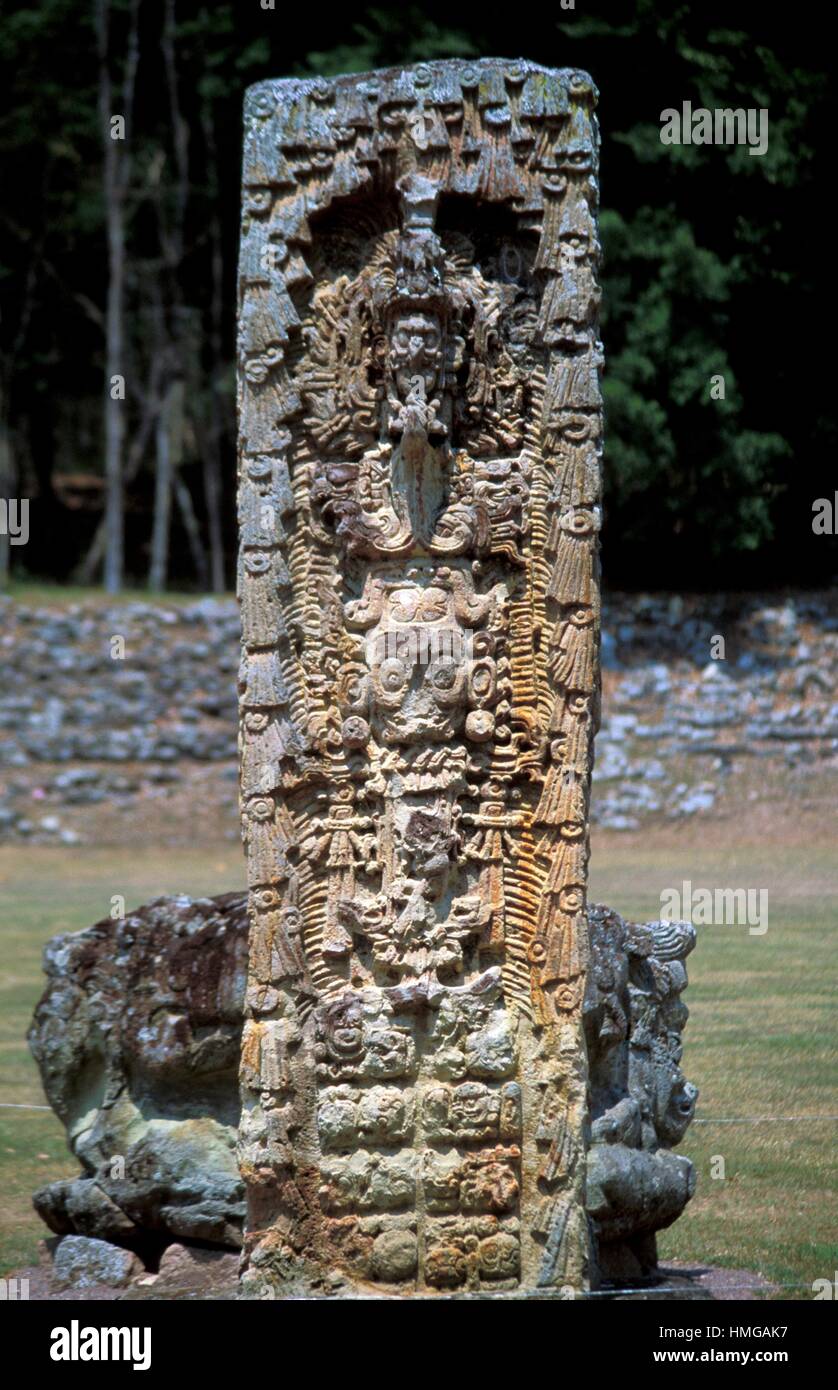 Stela H Back of Stela H at Copan Ruins, an archaeological site of the ...