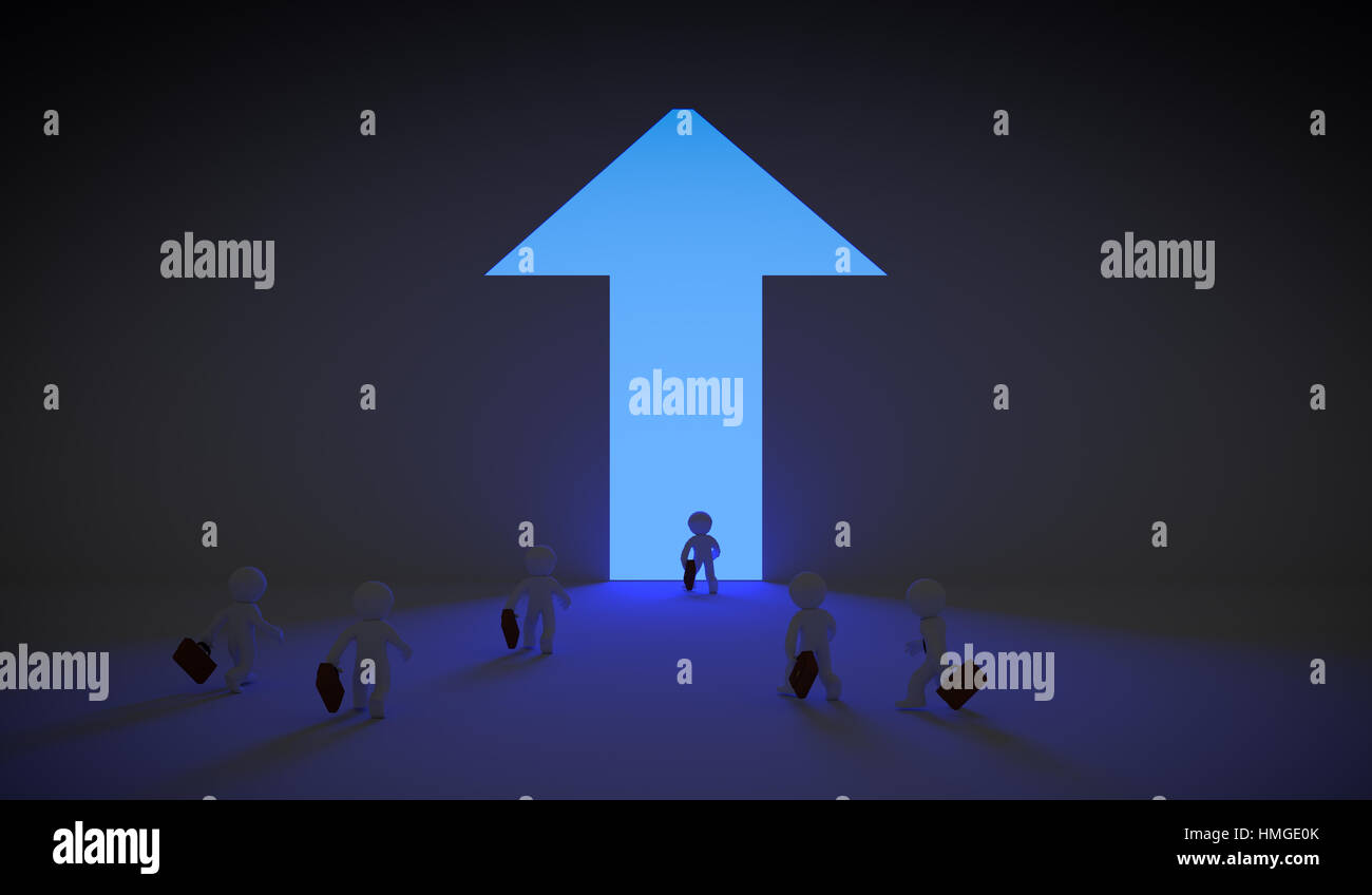3d rendering of many business character walking into the arrow shaped ...