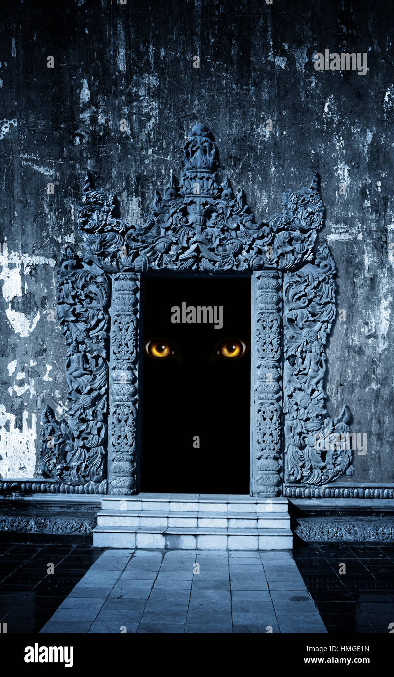 Dark series - a look from darkness. Eyes of monster in open door of ...