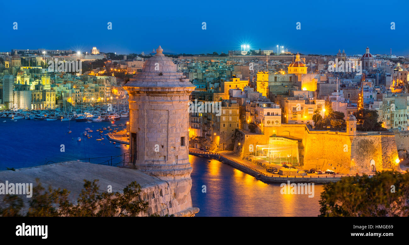 Malta, skyline of Valetta by night Stock Photo - Alamy