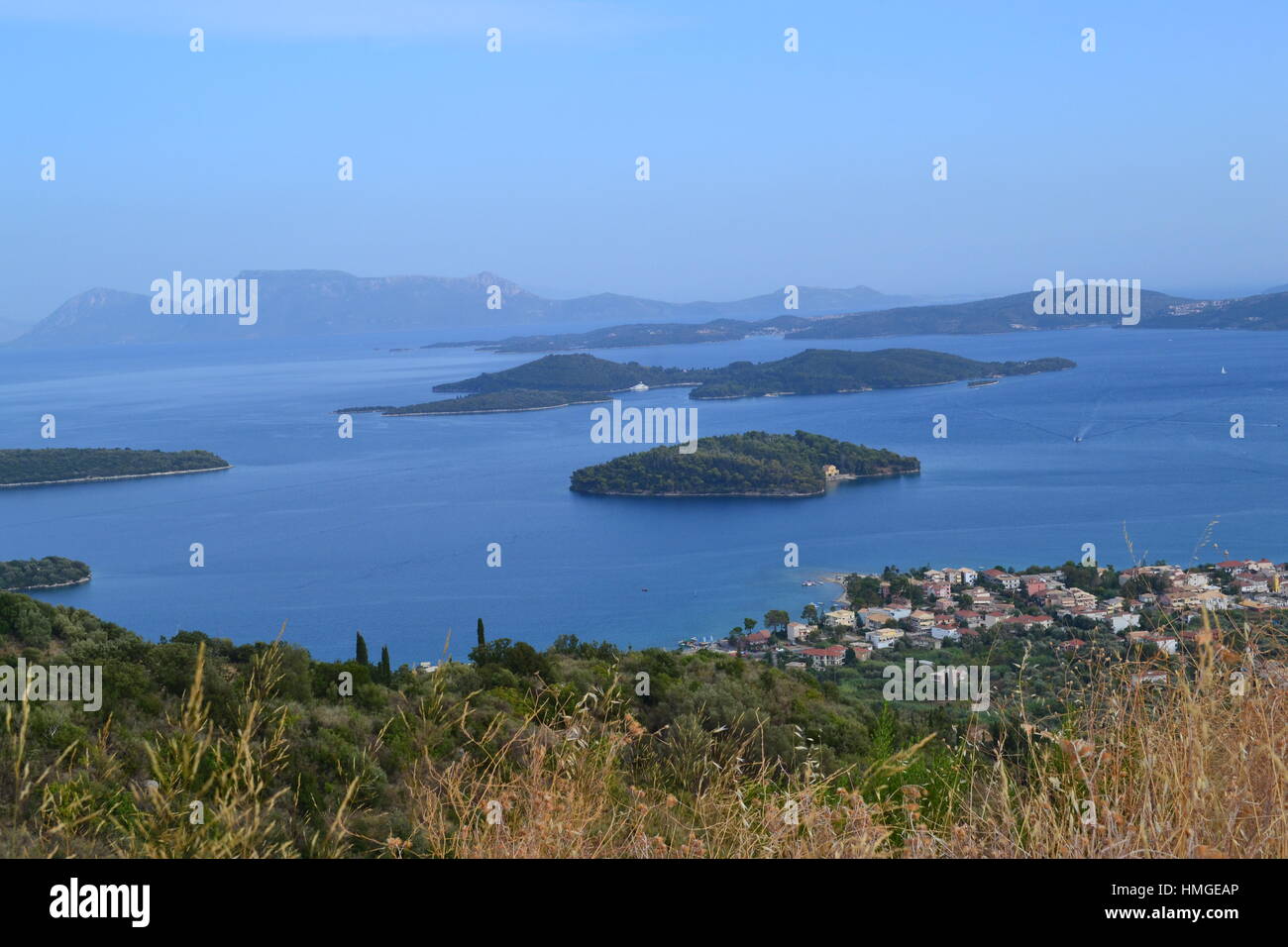 A view at tourist settlement Nidri, Lefkada island, Greece and islets ...