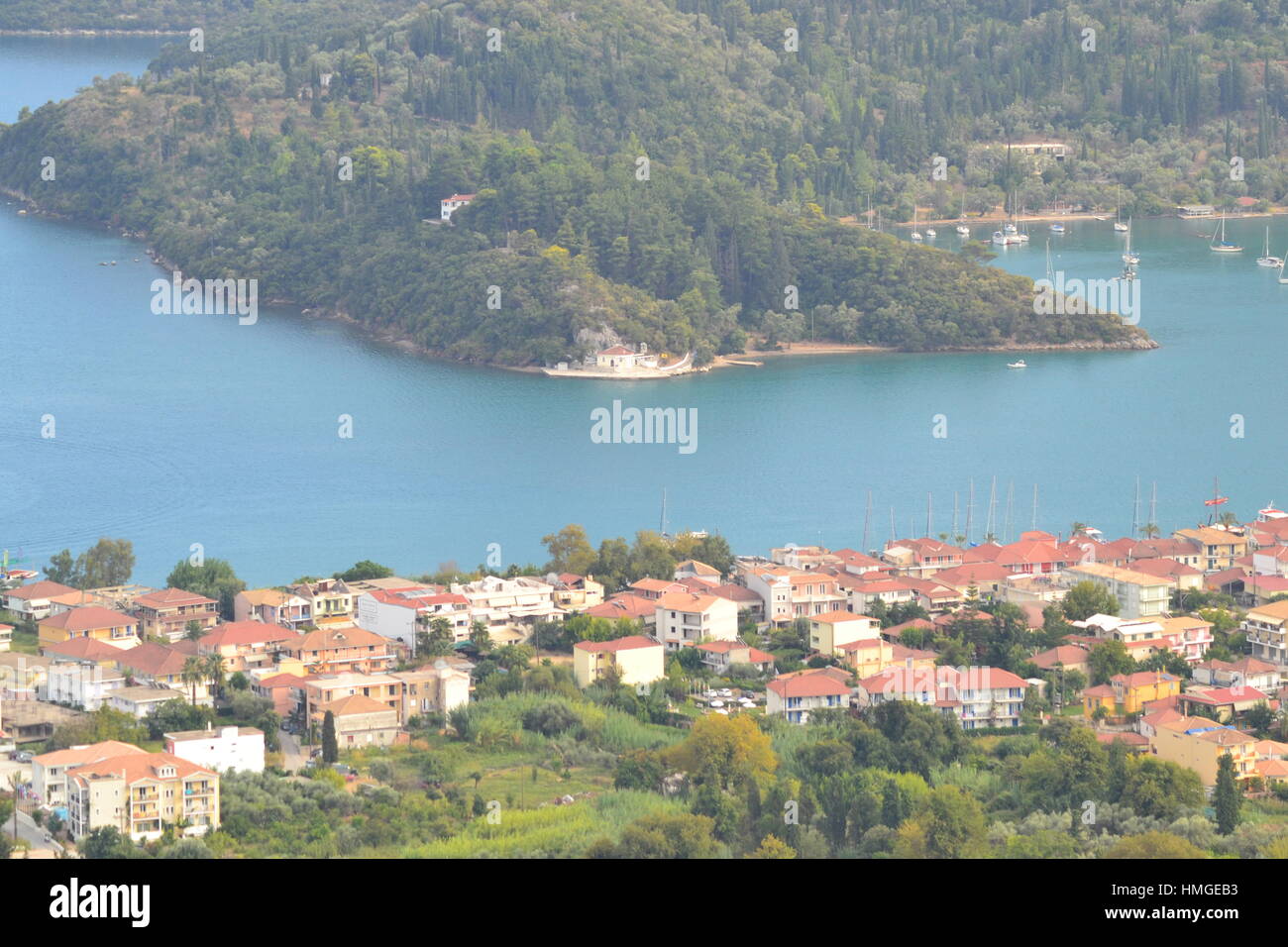 A view at tourist settlement Nidri, Lefkada island, Greece and islets ...