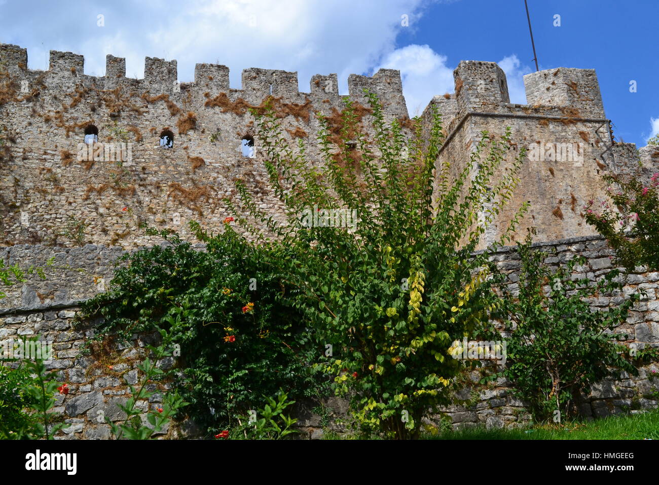 Arta city castle of ancient Ambracia and Arta clock tower, Greece Stock ...