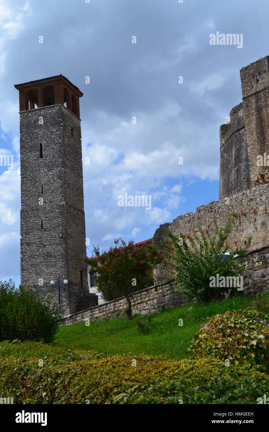 Arta city castle of ancient Ambracia and Arta clock tower, Greece Stock ...