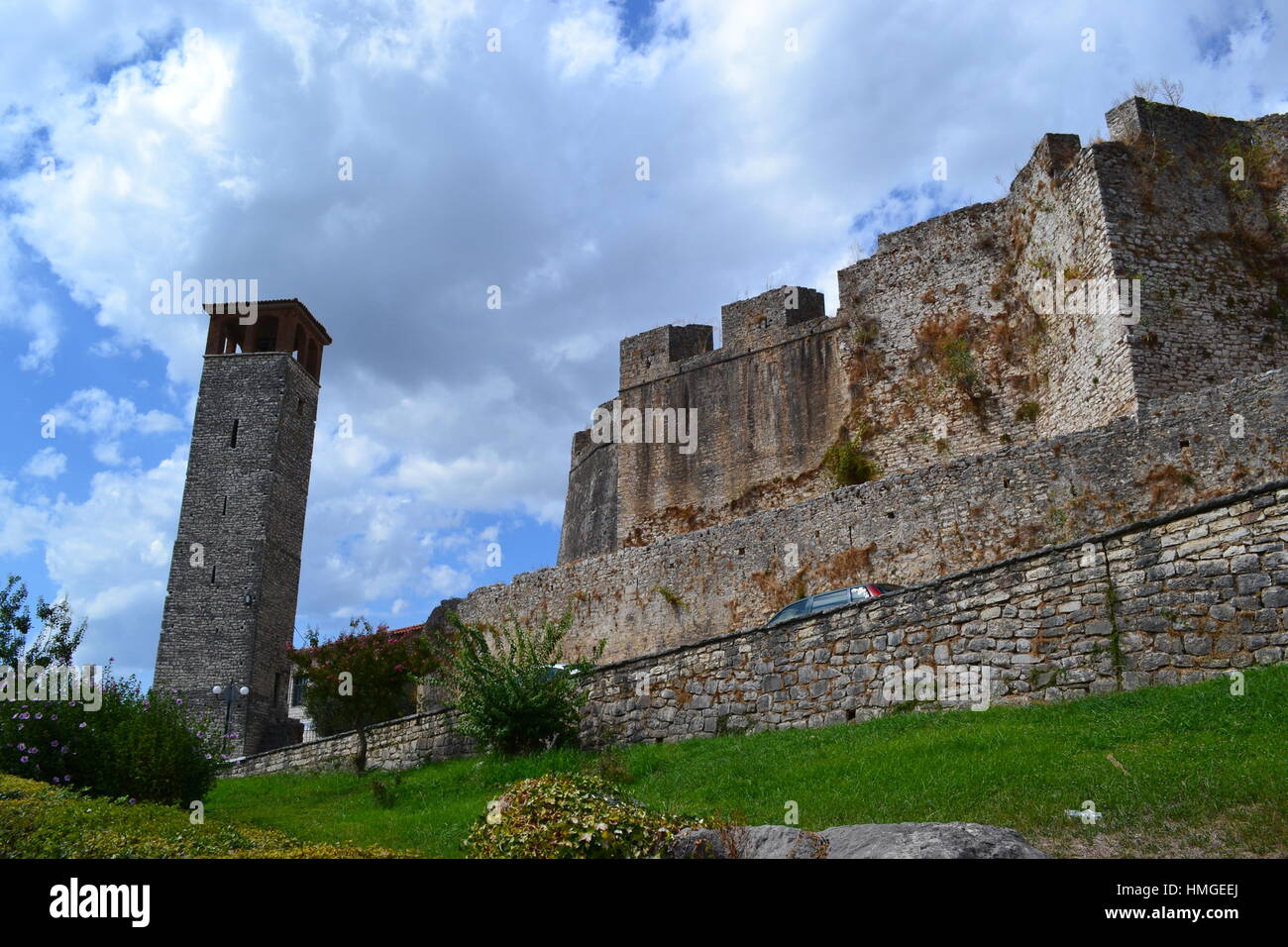 Arta city castle of ancient Ambracia and Arta clock tower, Greece Stock ...