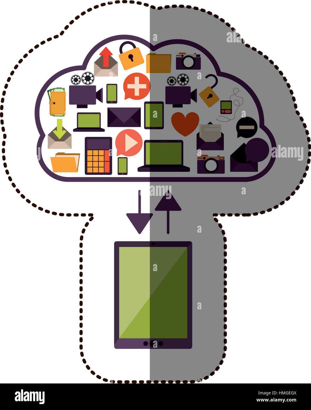 color sticker with cloud service with apps set and tablet vector ...