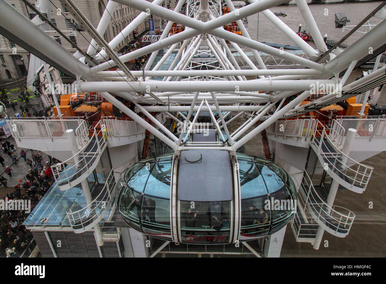 View looking down on to a capsule on the London Eye ferris wheel ...