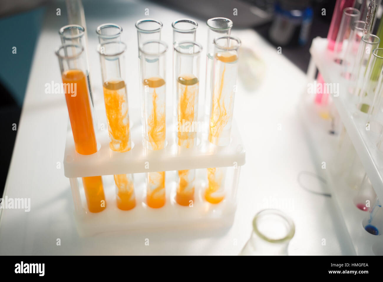 Tubes with reagents on stand at table in laboratory Stock Photo - Alamy