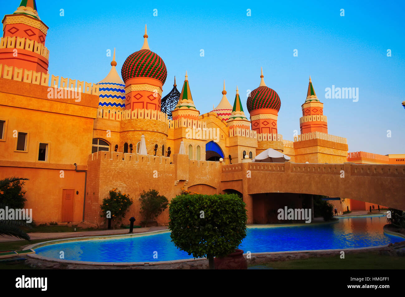 Multi-colored domes against the background blue sky. Arabian ...