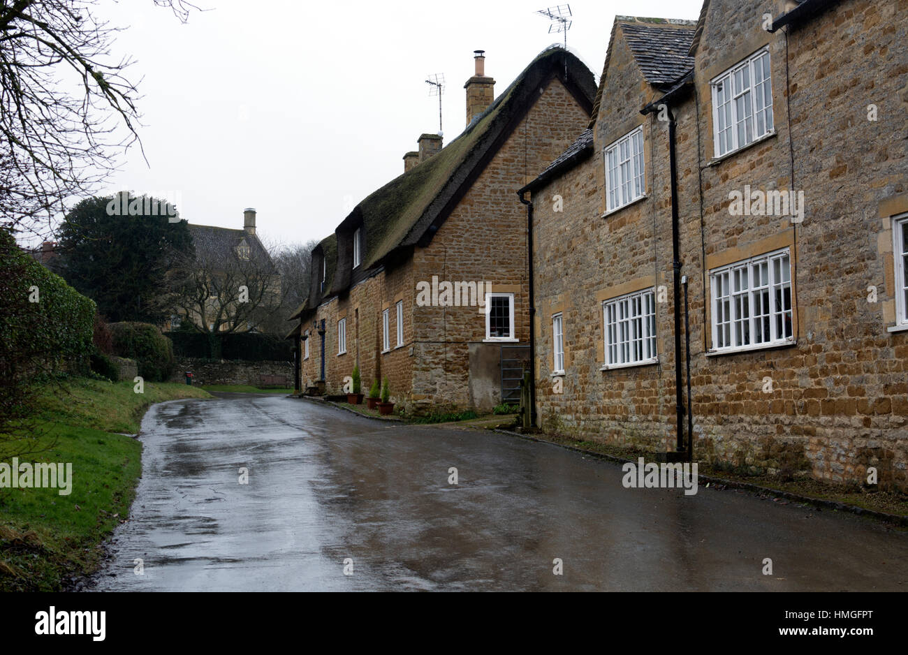 Adlestrop village on a wet winter`s day, Gloucestershire, England, UK ...